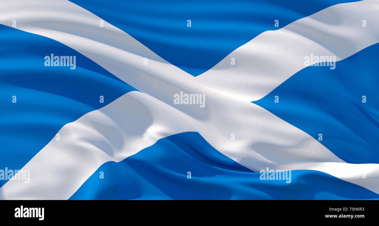 Fluttering silk flag of Scotland in the wind, colorful background. 3d ...