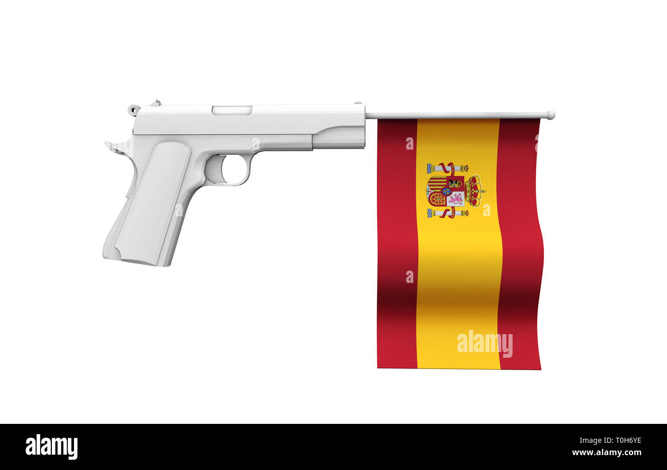 Spain gun control concept. Hand gun with national flag Stock Photo - Alamy