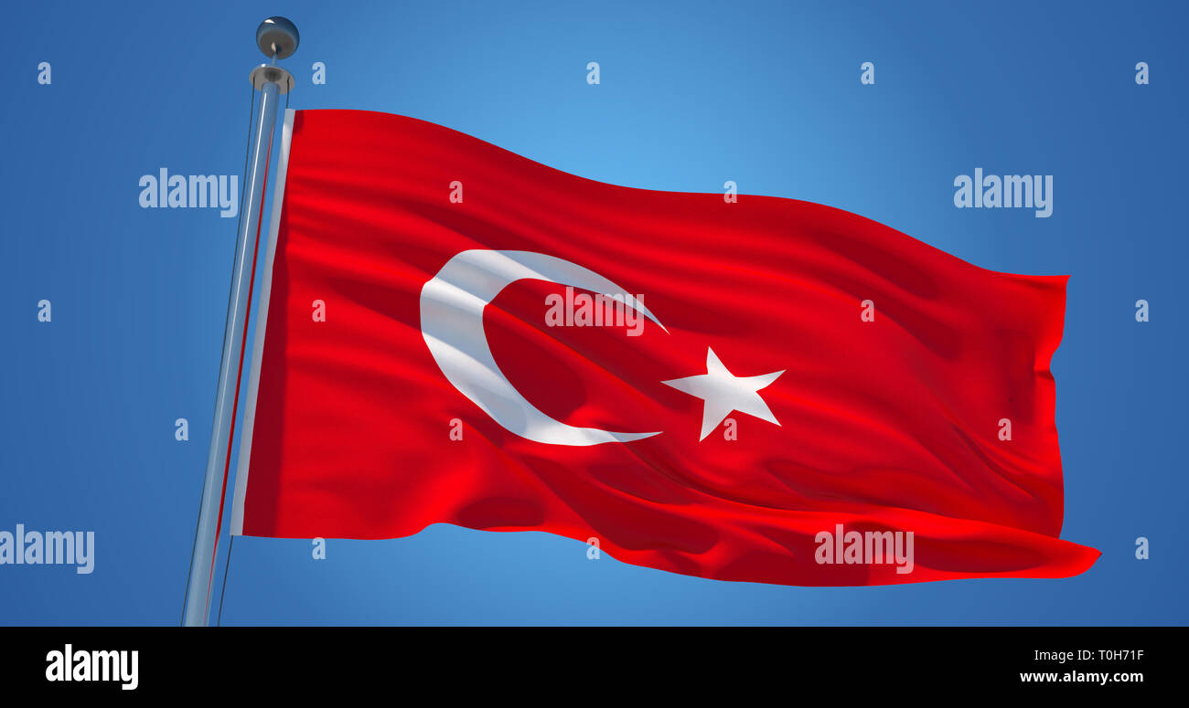 Fluttering silk flag of Turkey. Turkish official flag in the wind ...