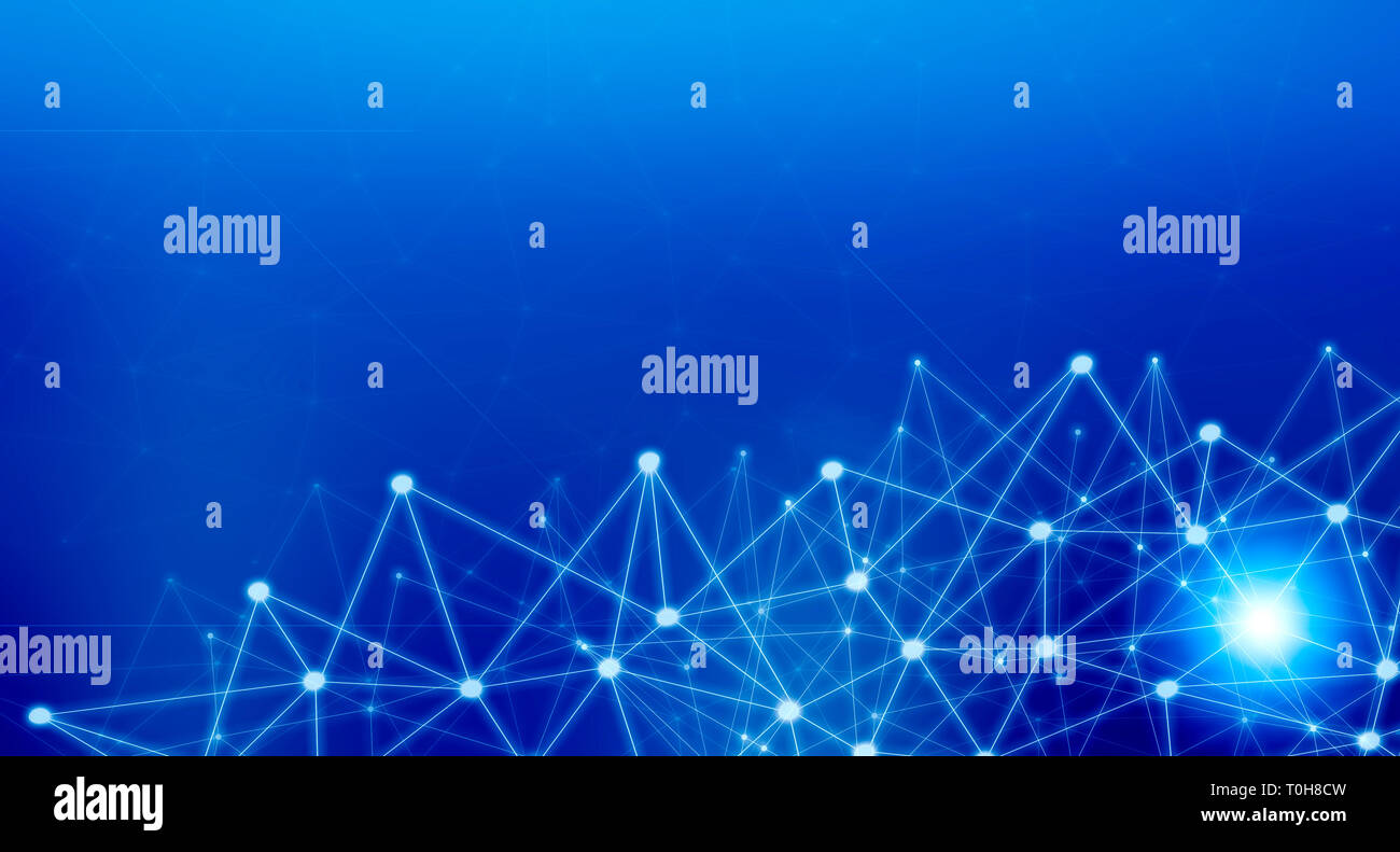 Abstract connection and communication with line dots on blue background ...