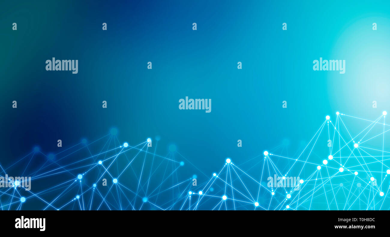 Abstract connection and communication with line dots on blue background ...