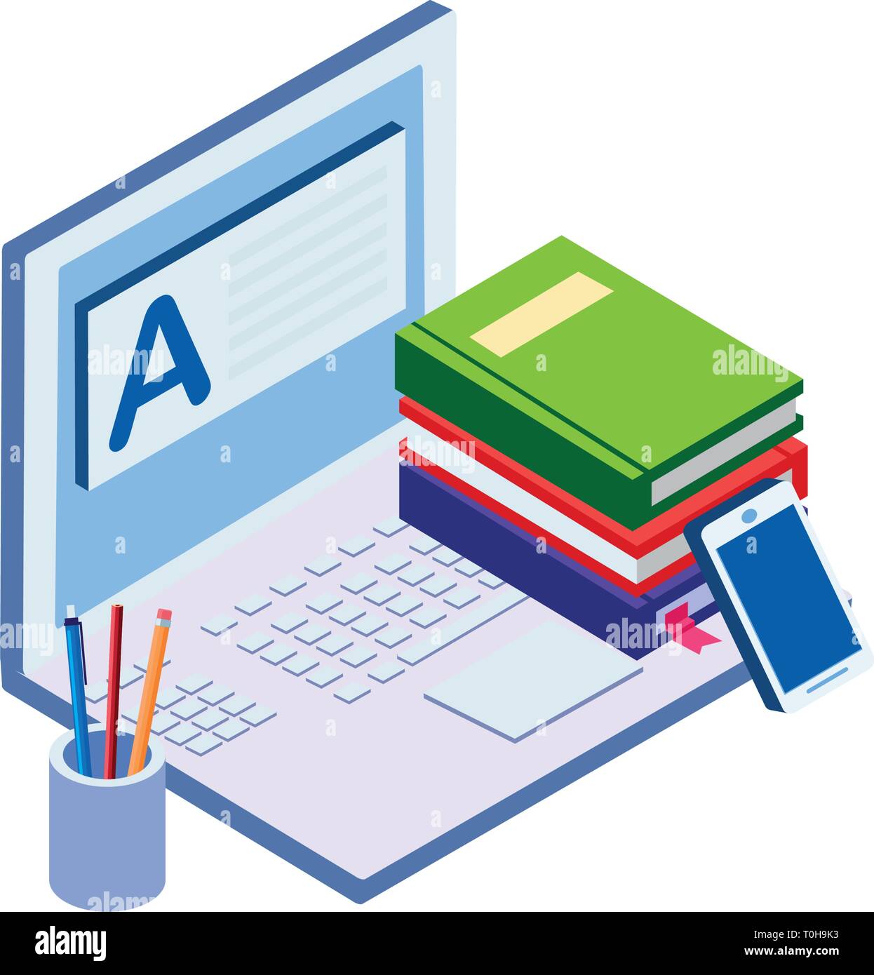 pile text books with laptop vector illustration design Stock Vector ...
