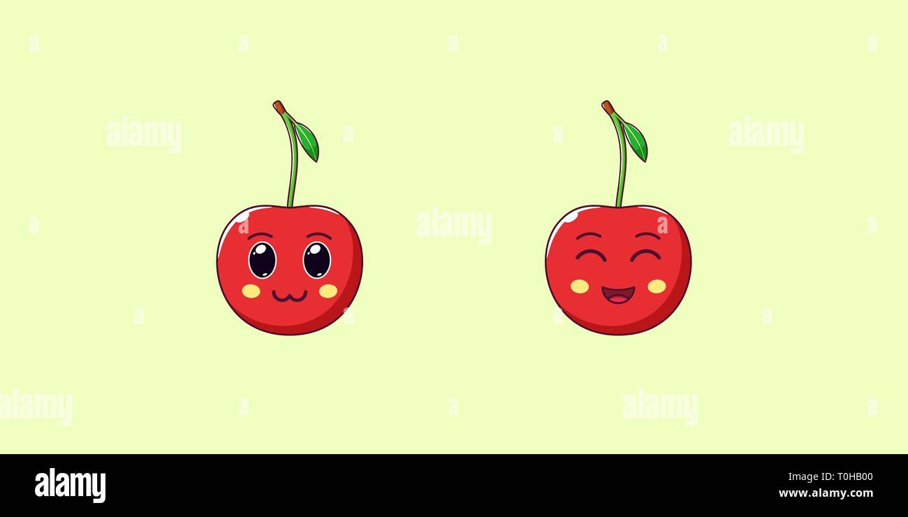 Cute Kawaii Cherry, Cartoon Ripe Fruit. Vector illustration of Cartoon ...