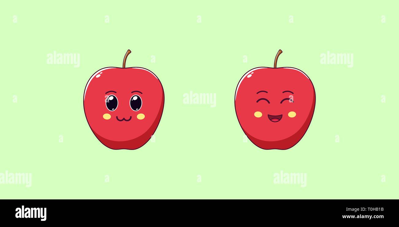 Cute Kawaii Apple, Cartoon Ripe Fruit. Vector illustration of Cartoon ...