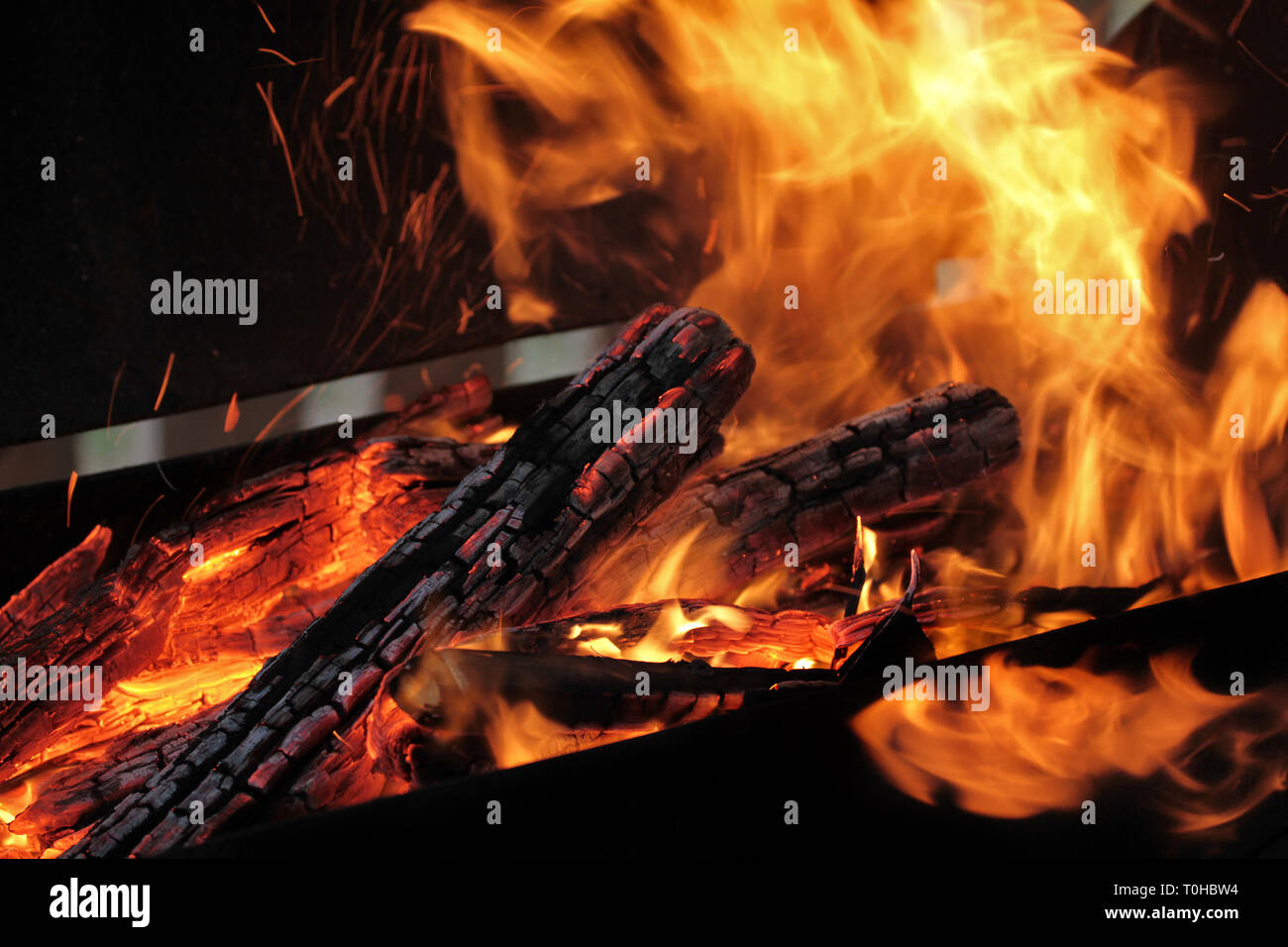 A shot of burning firewood in the fireplace. Close-up. Burning wood for ...