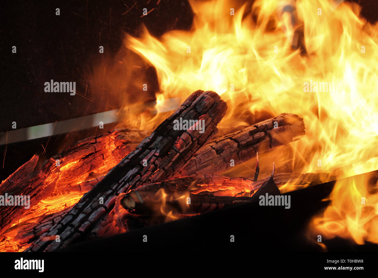 A shot of burning firewood in the fireplace. Close-up. Burning wood for ...