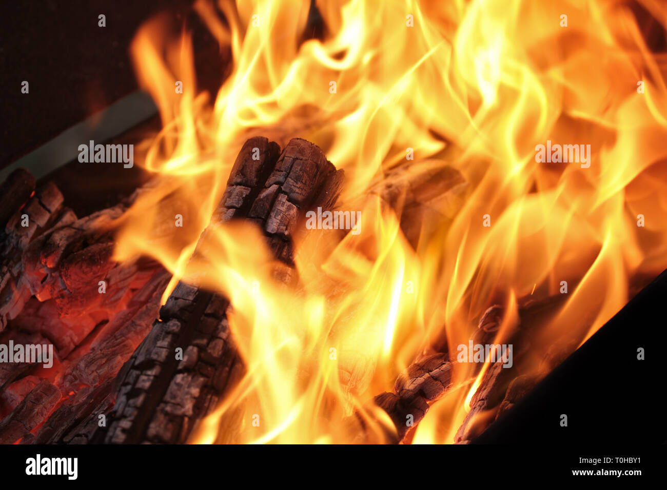 A shot of burning firewood in the fireplace. Close-up. Burning wood for ...