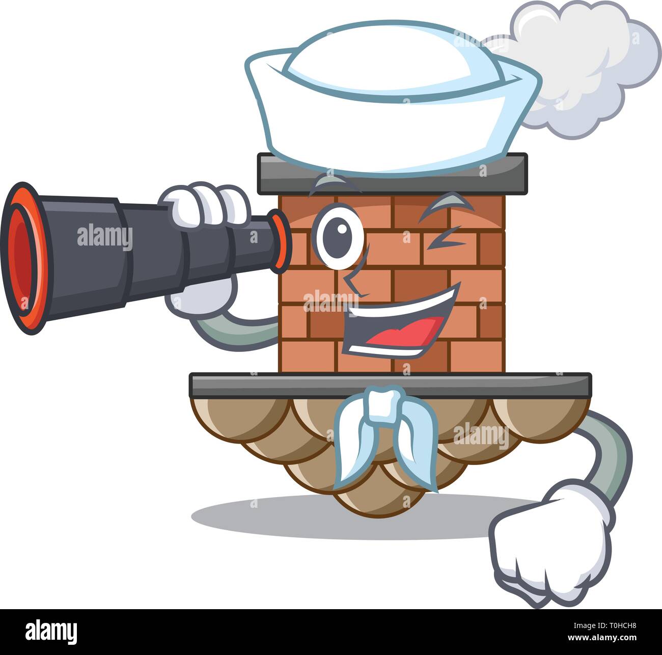 Sailor with binocular miniature cartoon brick chimney above table Stock ...