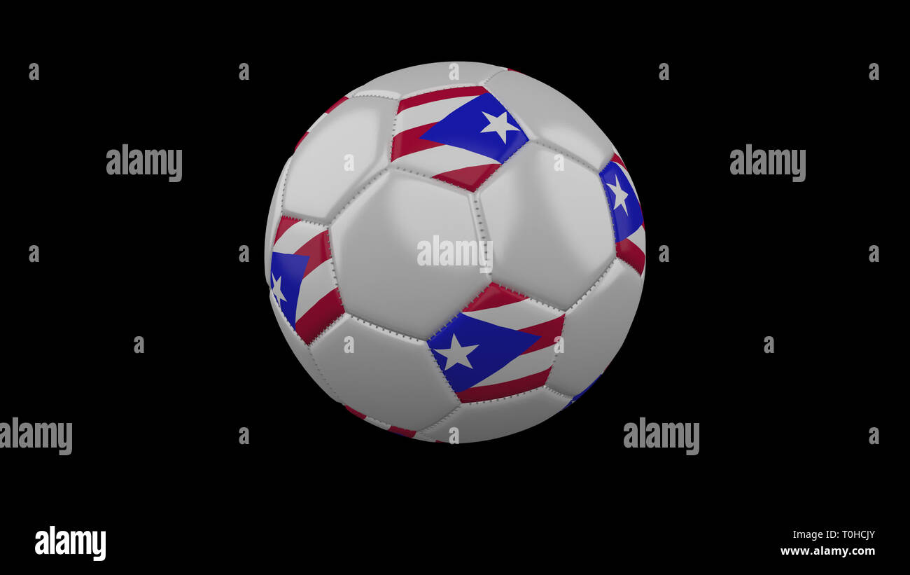 Soccer ball with flag Puerto Rico colors rotates on black background ...