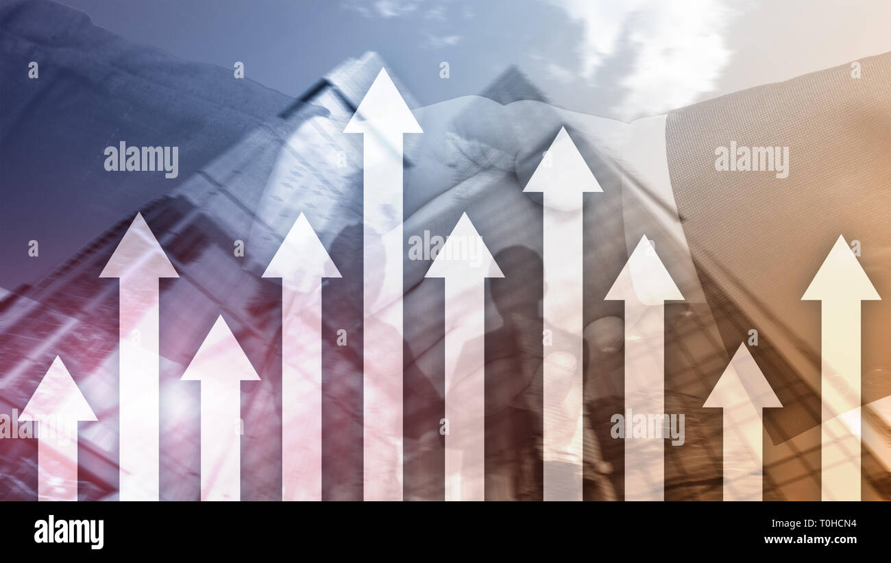 Up arrow graph on skyscraper background. Invesment and financial growth ...