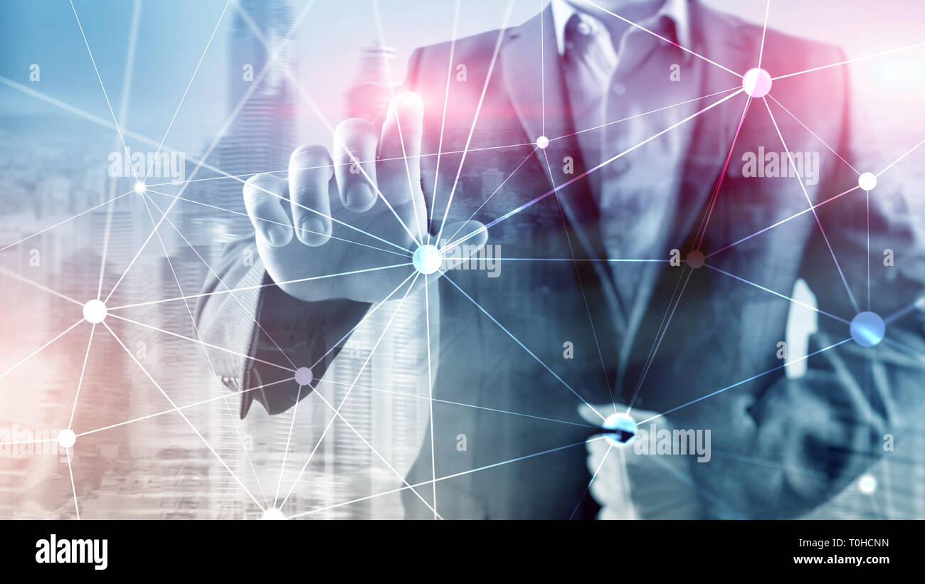 Blockchain network on blurred skyscrapers background. Financial ...