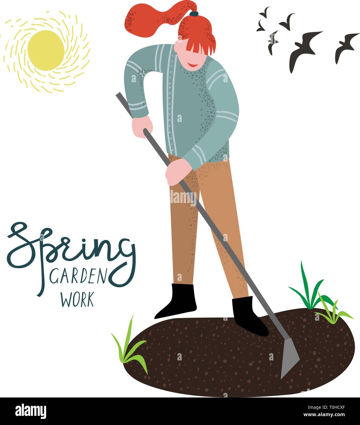 The woman cultivate the land with a hoe for planting isolated on a ...