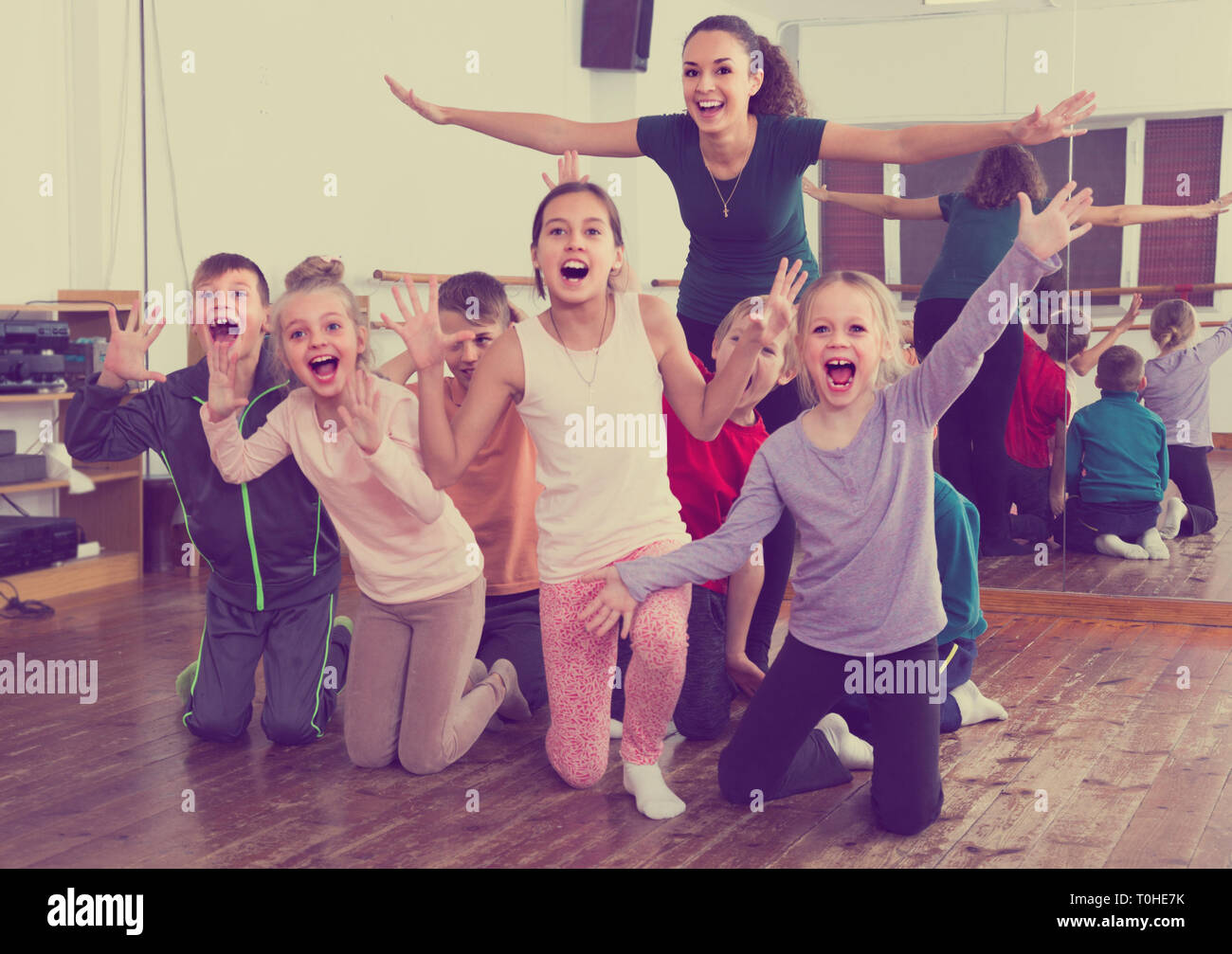 Active emotional children posing at dance class together Stock Photo ...