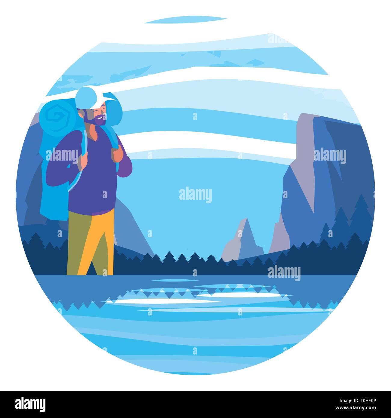 adventurous man with travelbag in the snowscape vector illustration ...
