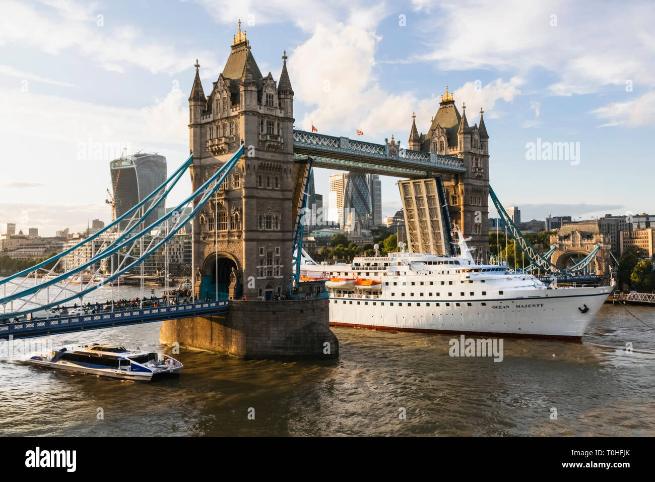 England, London, Cruise Ship Ocean Majesty Passing Under Tower Bridge ...
