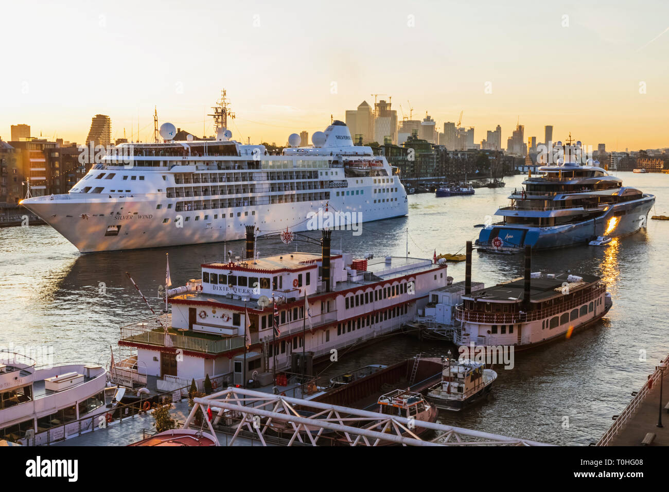 England, London, Ships on The Thames and Docklands Skyline Stock Photo ...