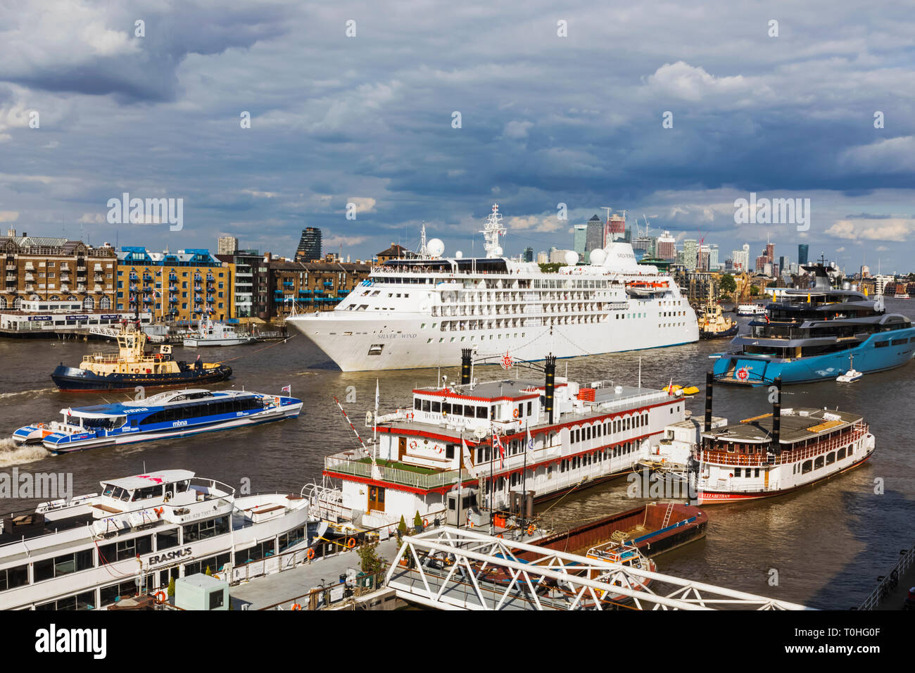 England, London, Ships on The Thames and Docklands Skyline Stock Photo ...