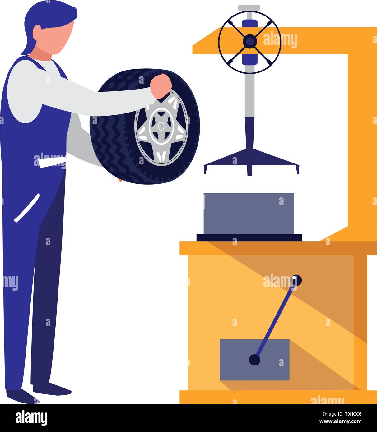 mechanic worker with tire changer machine vector illustration design ...