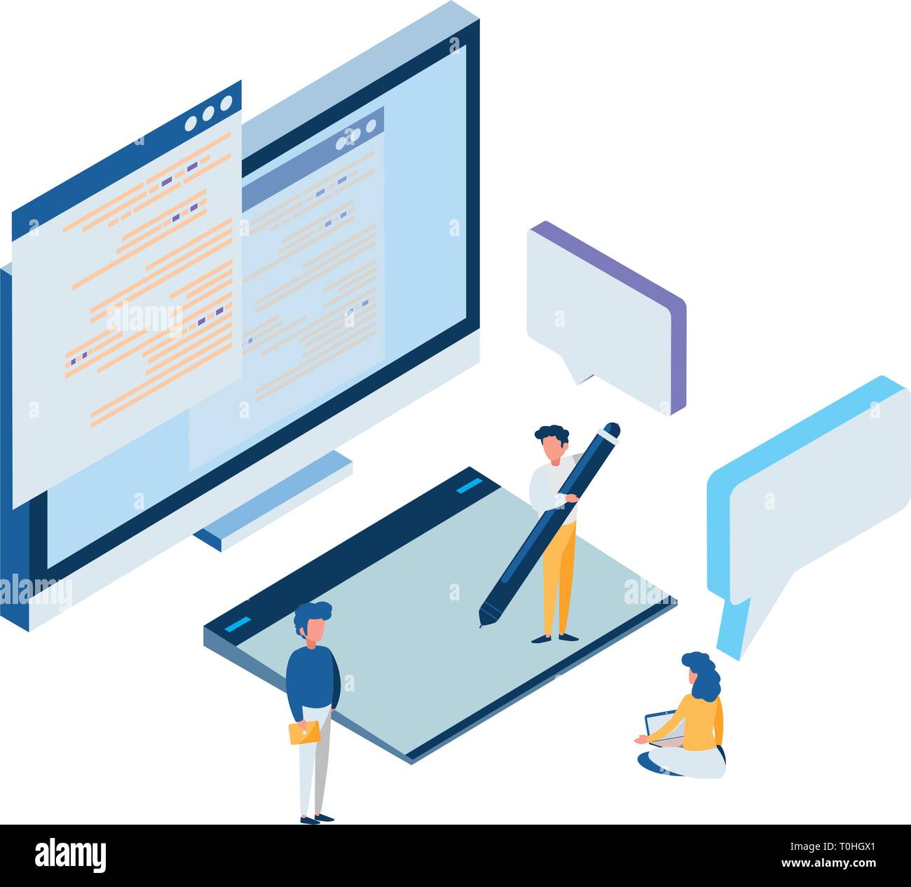 desktop with mini people workers vector illustration design Stock ...