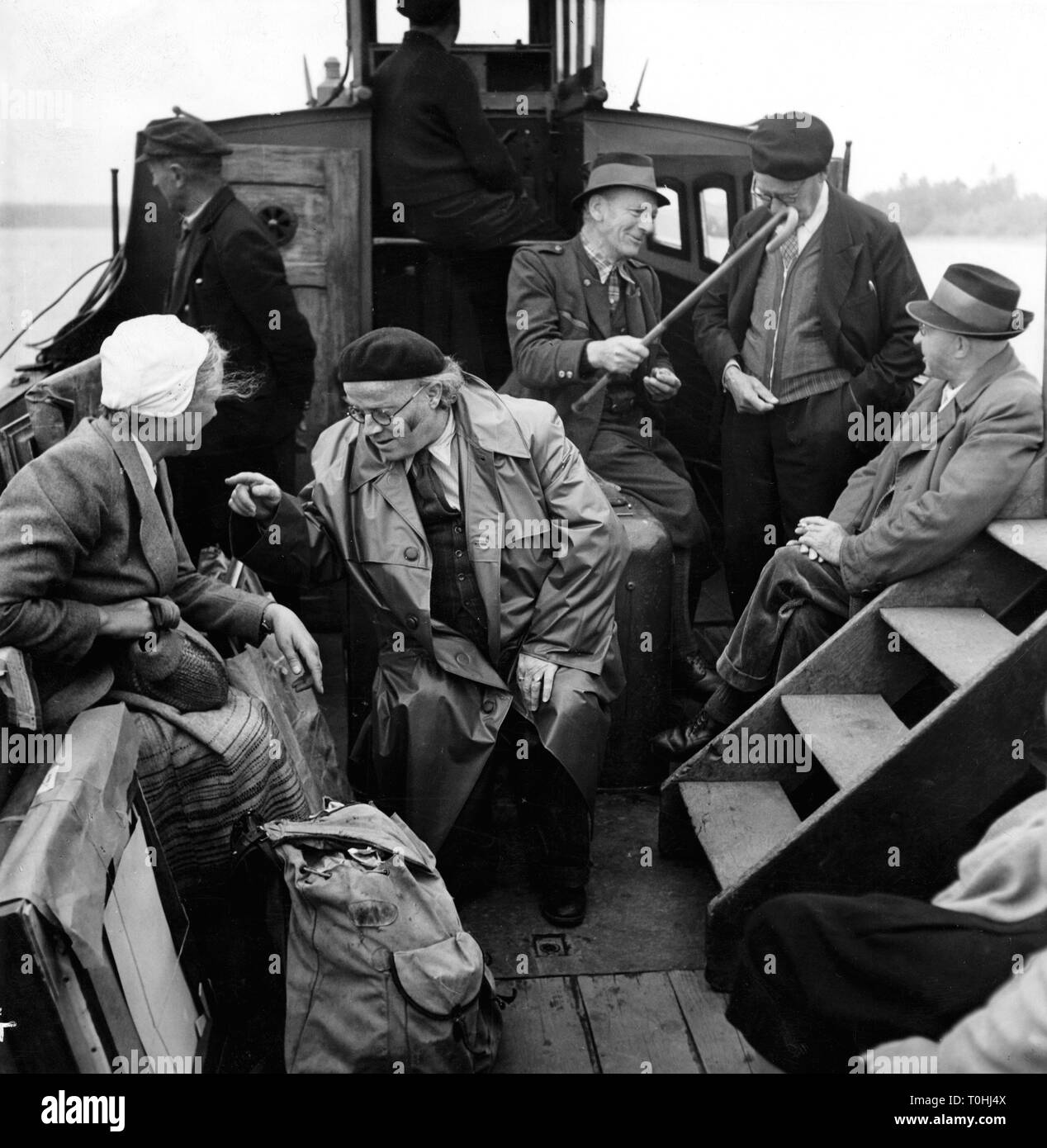 people, age, men, during a boat trip, Germany, 1952, Additional-Rights ...