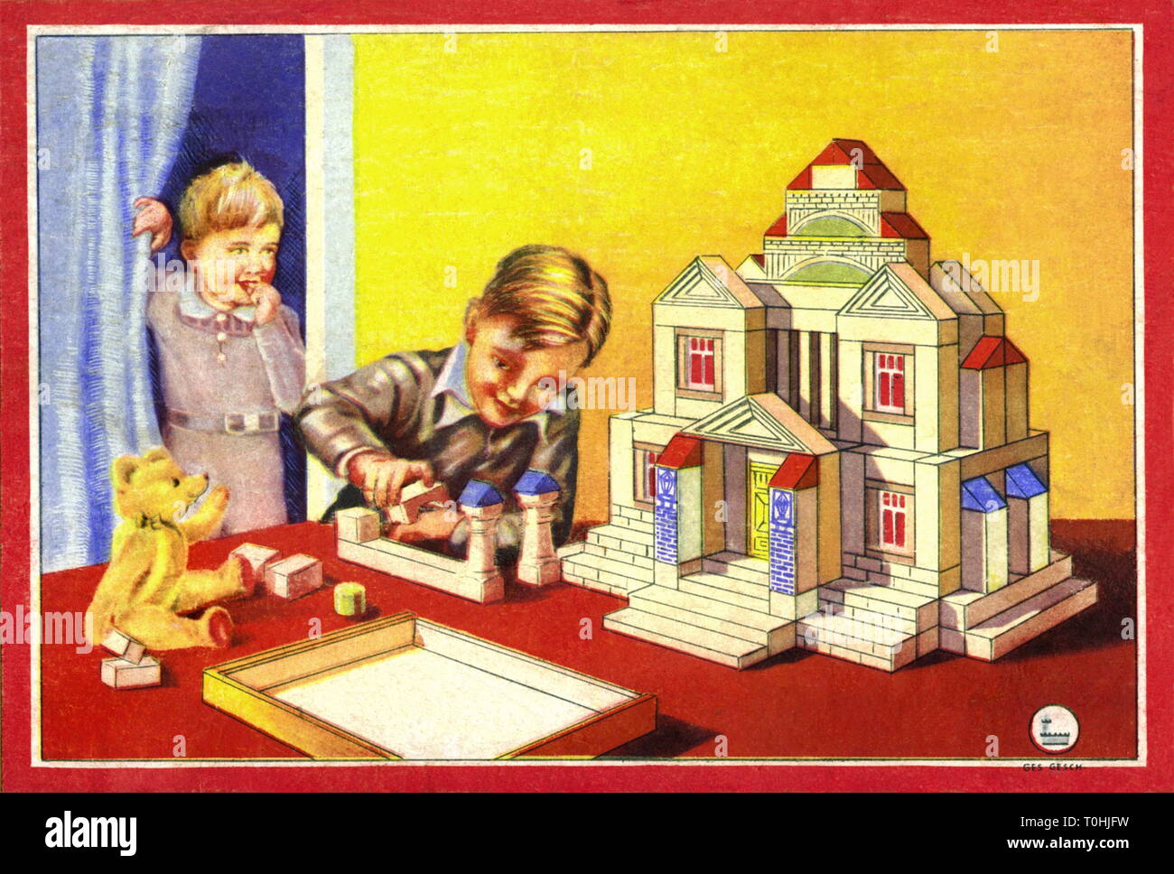 toys, wooden building set for children, two children building a house ...
