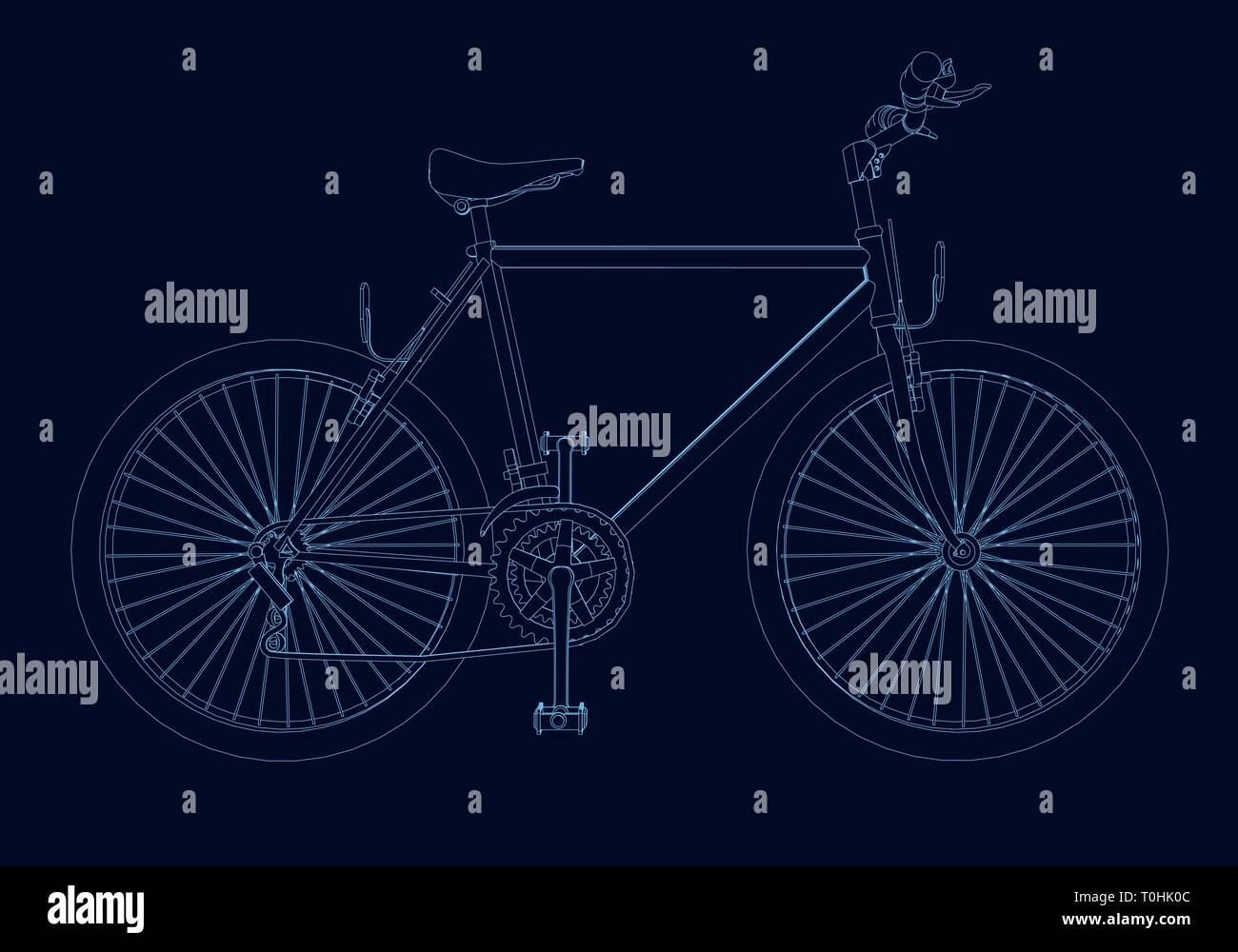 Contour detailed bike of blue lines on a dark background. Side view ...
