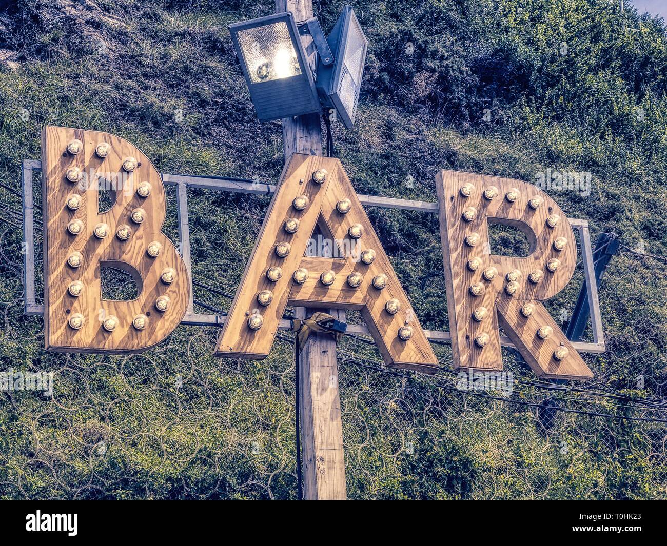 Bar luminous sign letters with bulbs light modern design Stock Photo ...