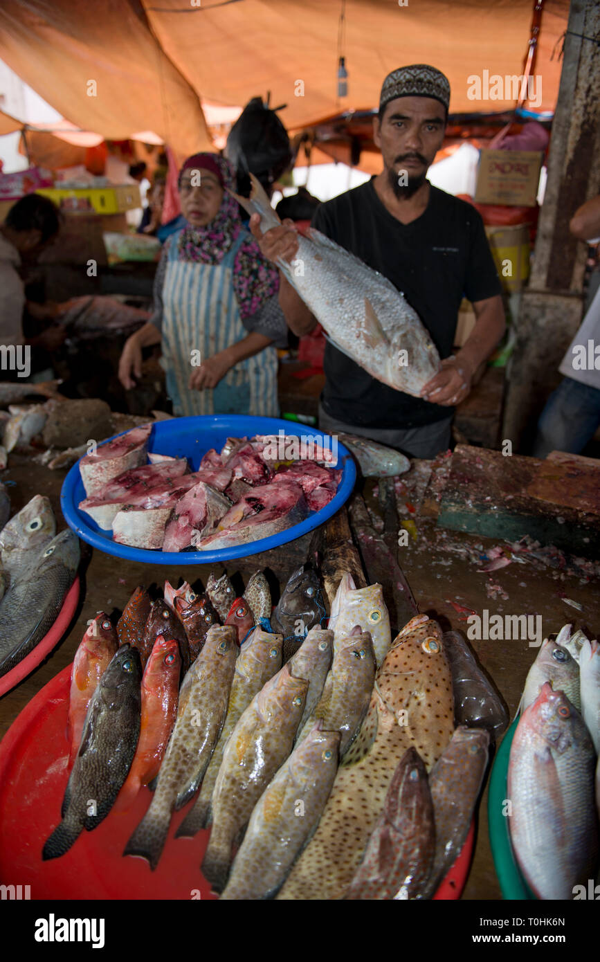 Fishmonger wearing peci hat, holding fish by baskets of fish with wife ...