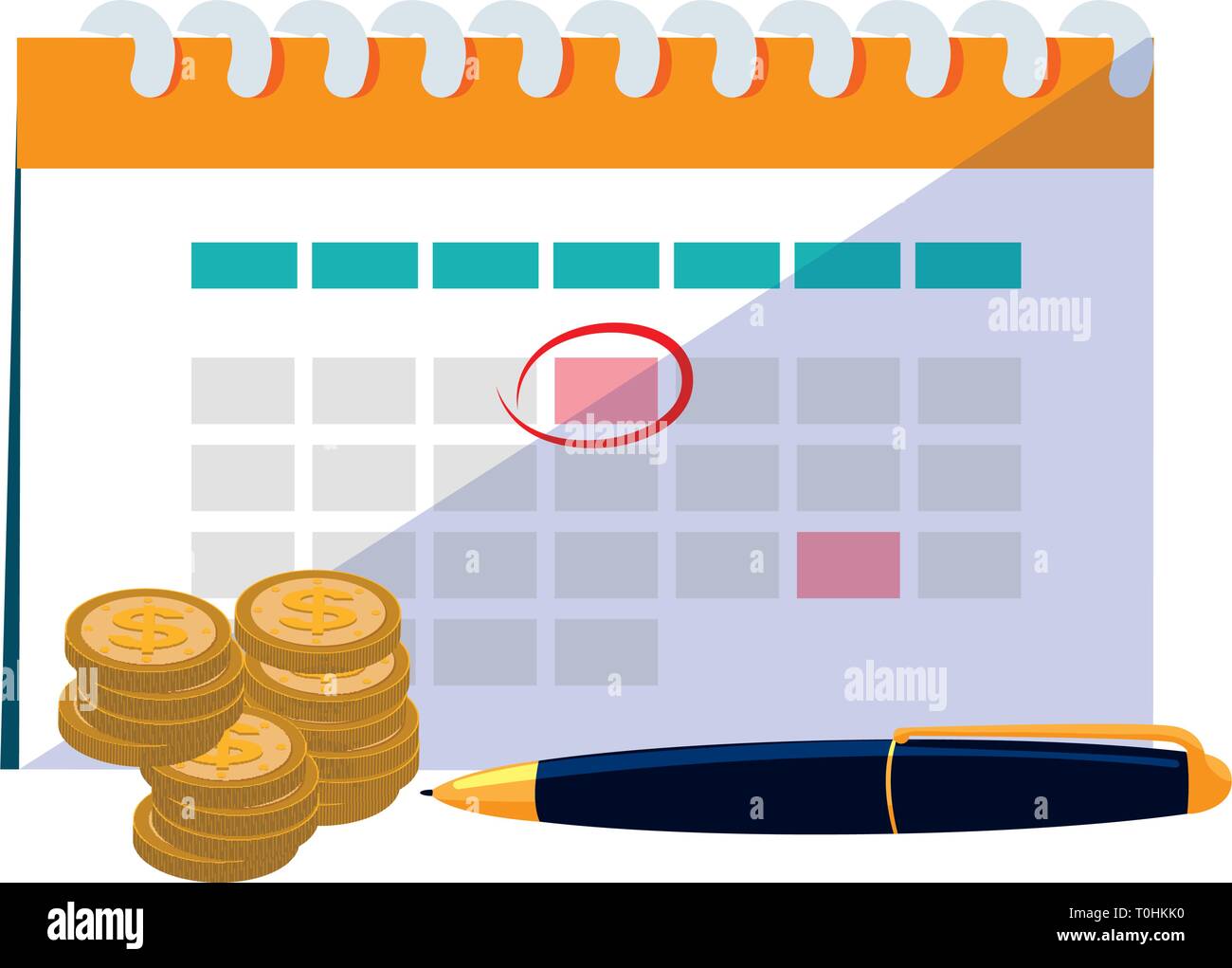 coins money with calendar and pen vector illustration design Stock ...
