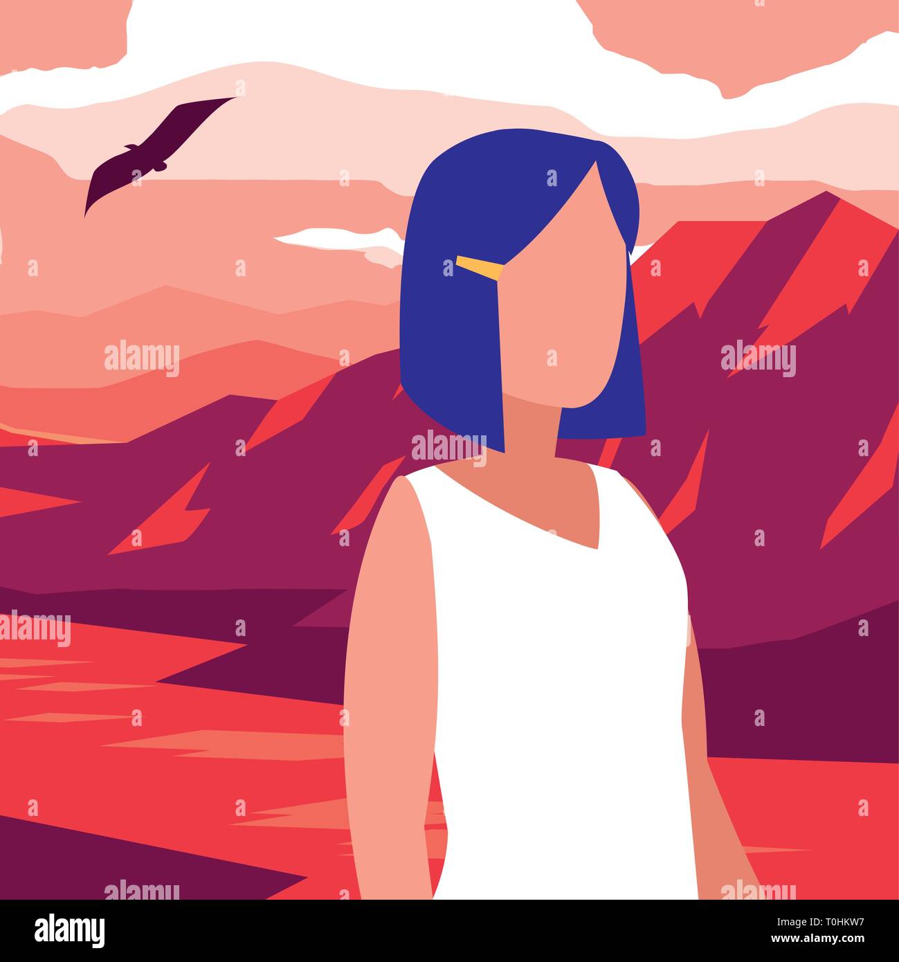 young woman in desert landscape dry scene vector illustration design ...