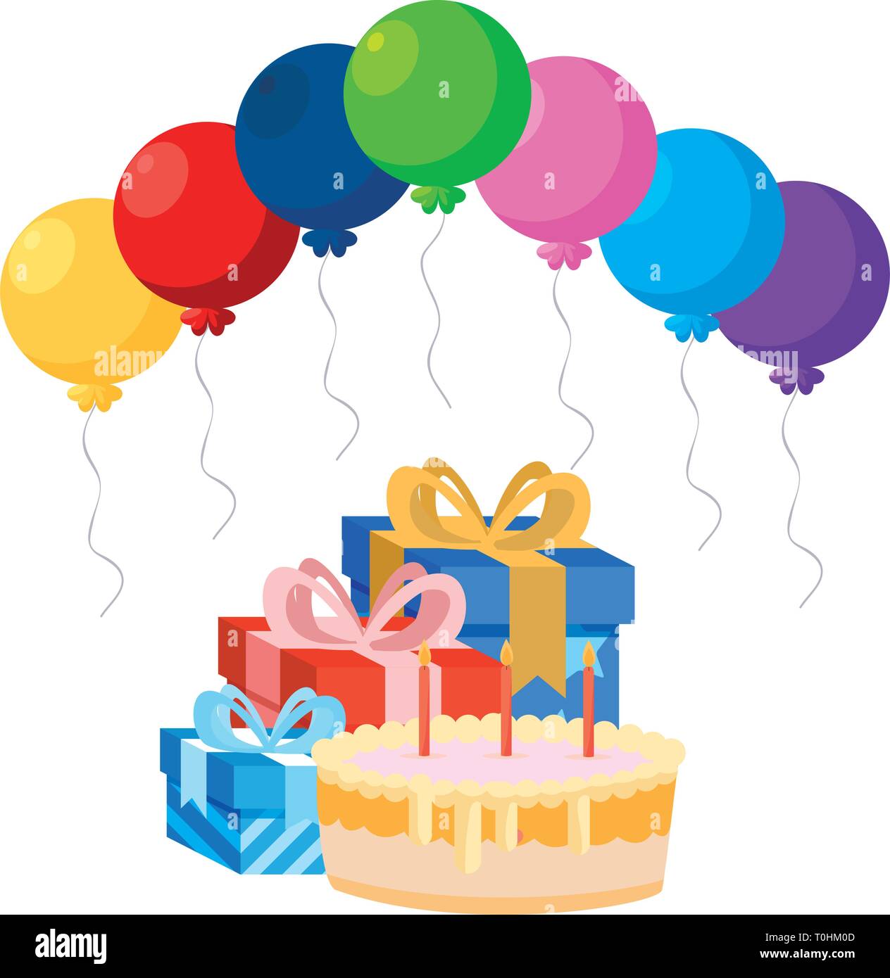 gift box present with balloons helium and sweet cake vector ...
