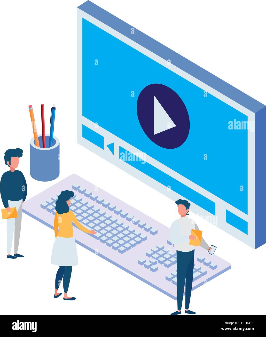 desktop with mini people workers vector illustration design Stock ...