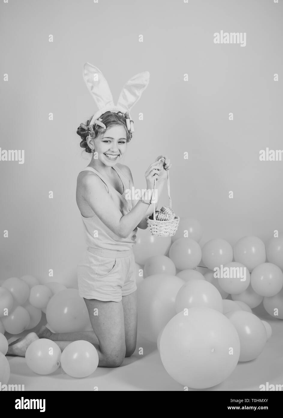 Cute girl. Easter home decoration Stock Photo - Alamy