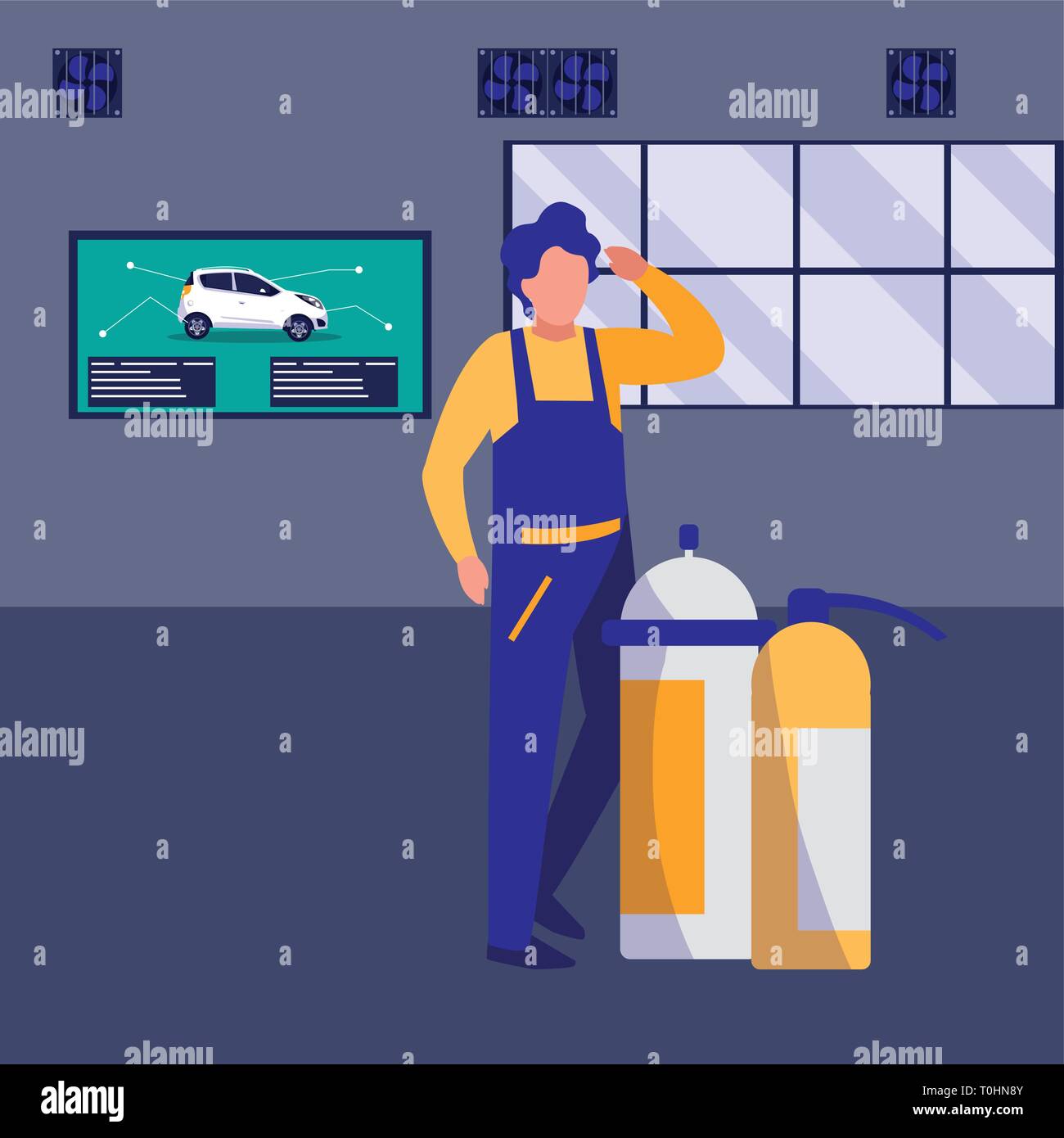 mechanic worker with extinguisher fire vector illustration design Stock ...