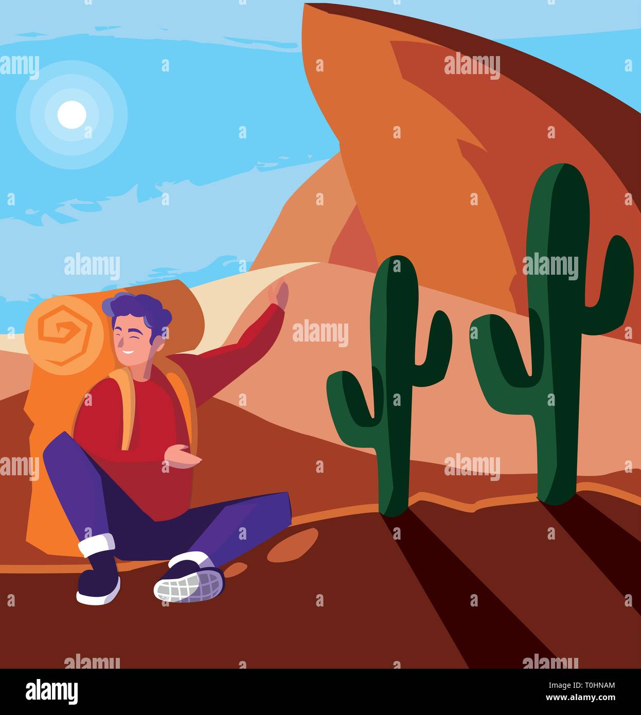 adventurous man with travelbag in the desert vector illustration design ...