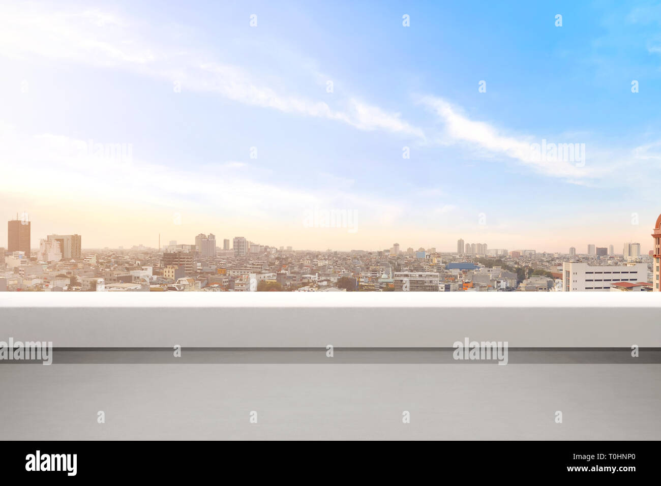 Empty balcony with modern cityscapes and blue sky background. Jakarta ...