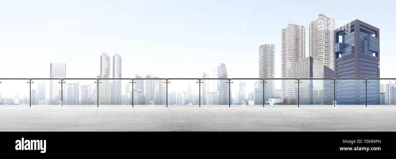 Empty modern terrace area with city view over sky background Stock ...
