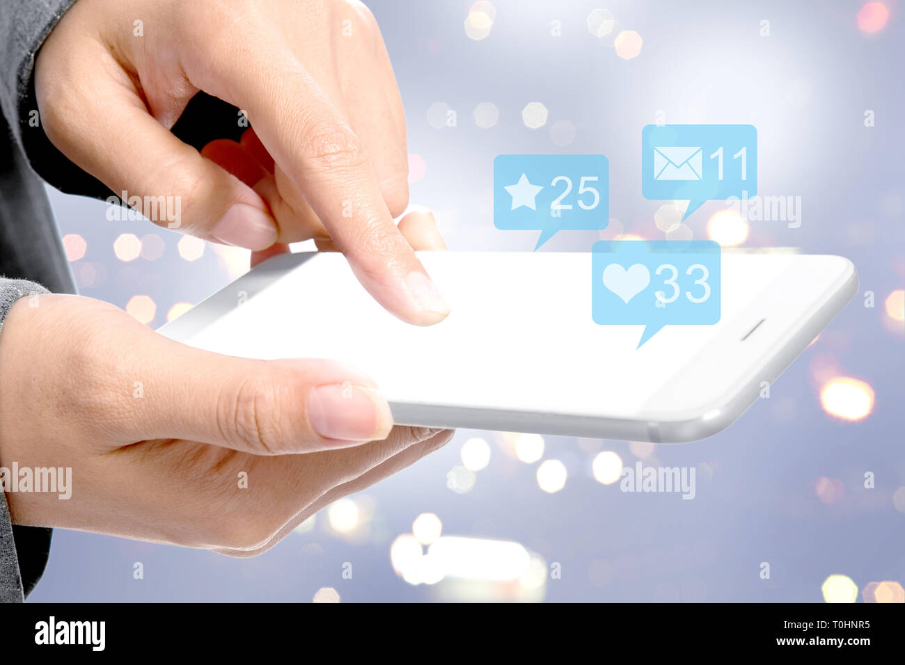 Business woman touching the mobile phone screen with notification of ...