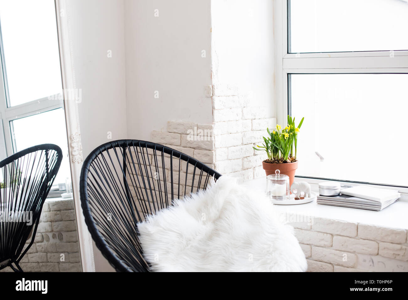 Springtime home decor with yellow daffodils on windowsill in white room ...