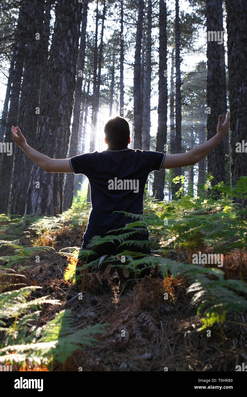 Man Kneeling in the forest with arms lifted up Stock Photo - Alamy