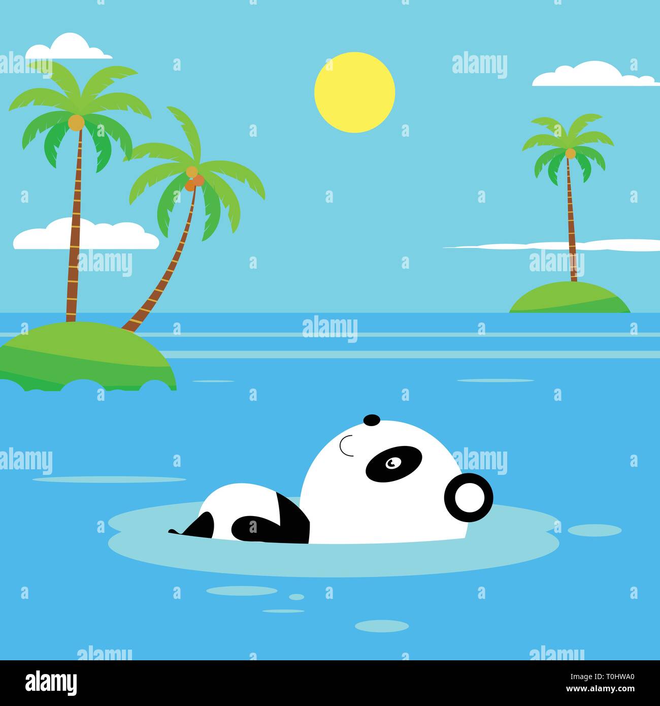 Flat panda swimming on the beach. Flat Summer Background design. Vector ...