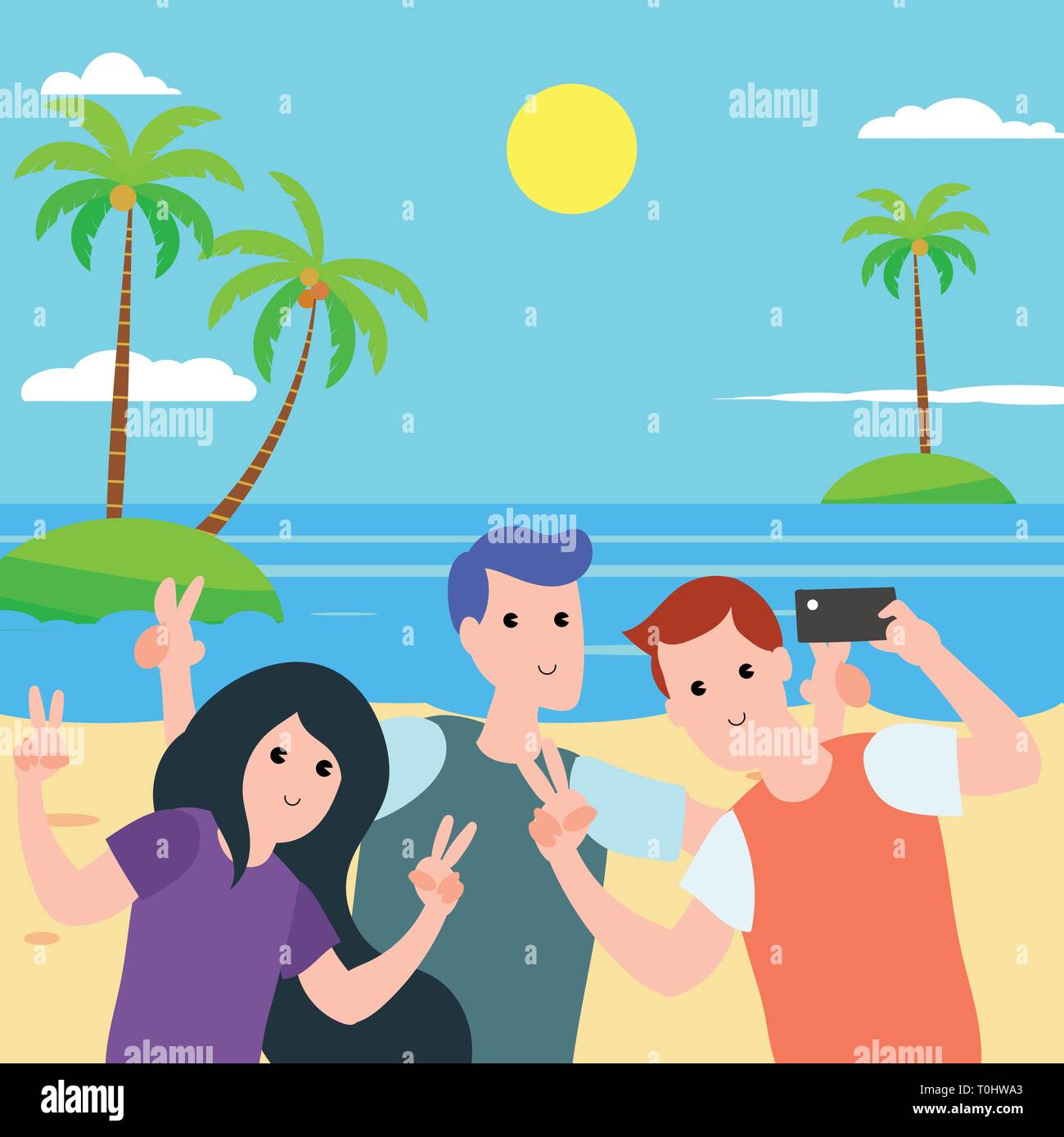 young couple and friend taking self portrait at the beach.Flat Summer ...