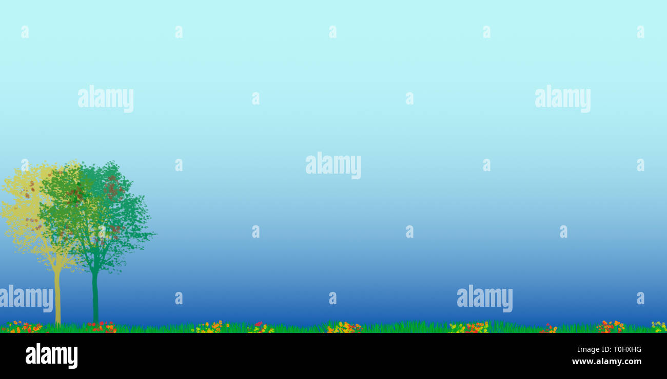 springtime flowering garden with grass and trees illustration backdrop ...