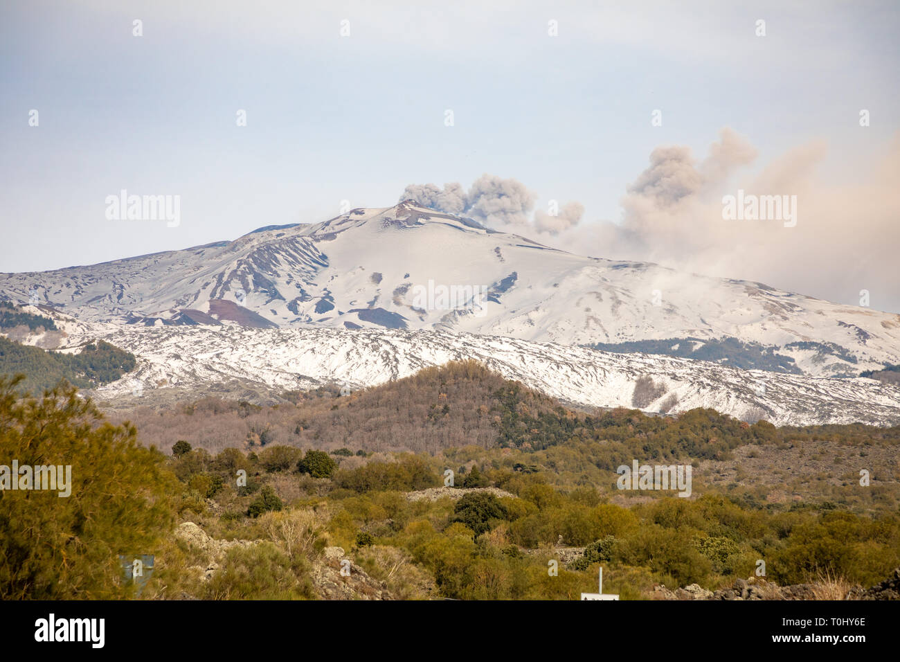 Etna Volcano with smoke in winter, volcano landscape from Catania ...