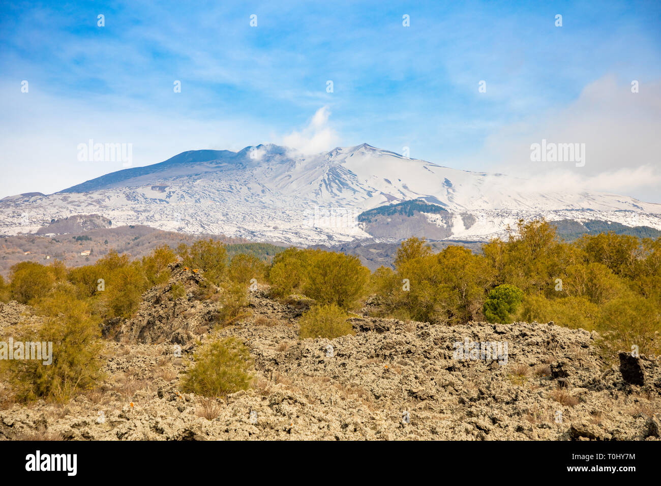 Etna Volcano with smoke in winter, volcano landscape from Catania ...