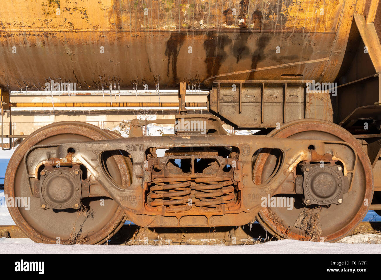 Wheels of a railway train on rails close up, cargo transportation Stock ...