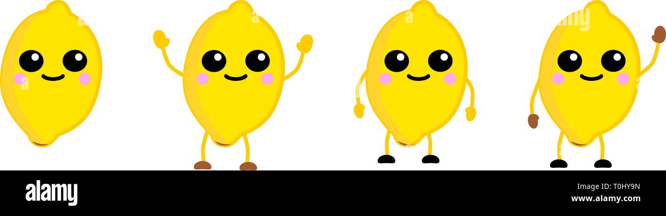 Cute kawaii style lemon fruit icon, large eyes, smiling. Version with ...
