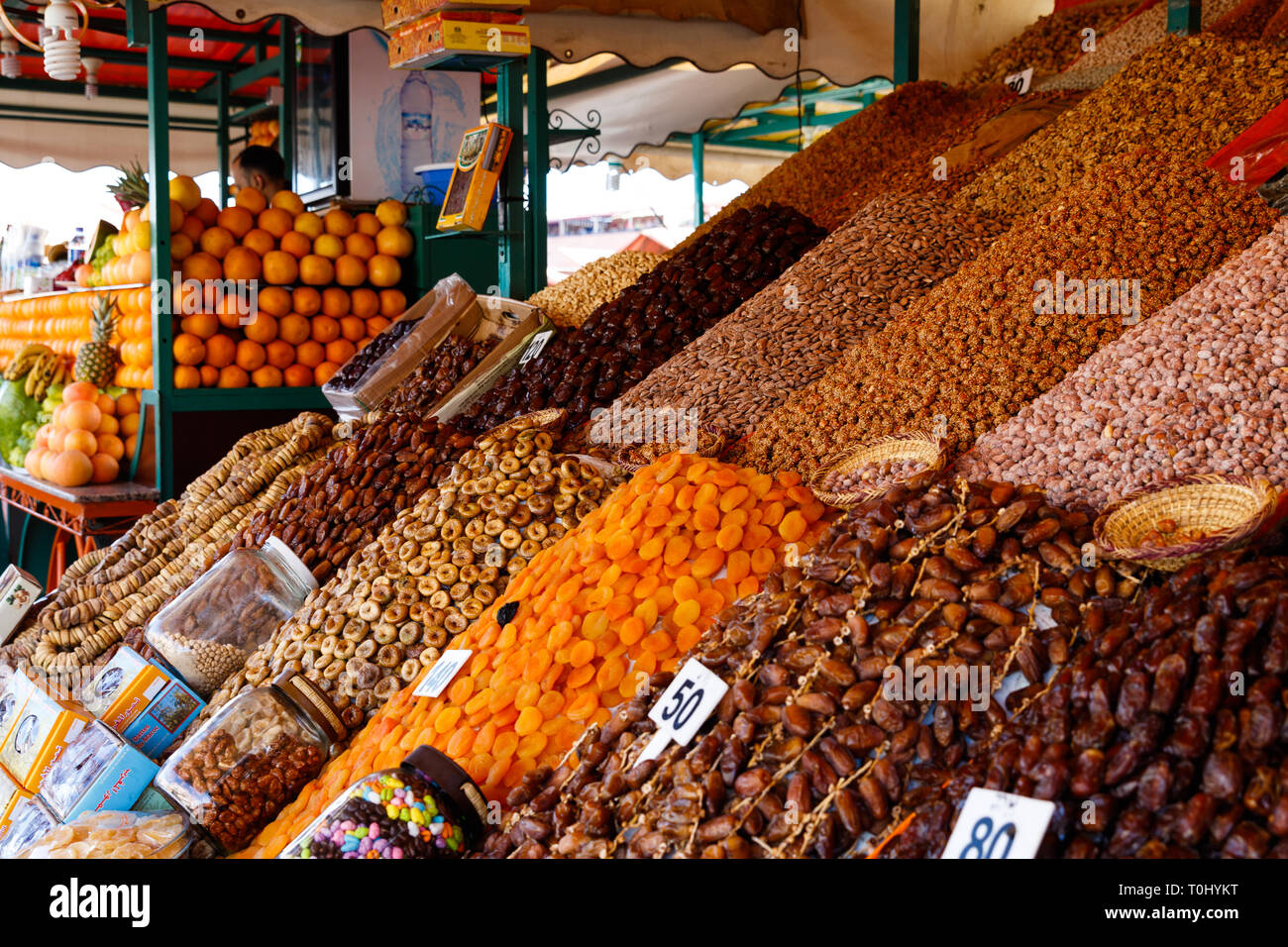 Dried fruit and nuts on market stall at the djemaa el fna square in ...
