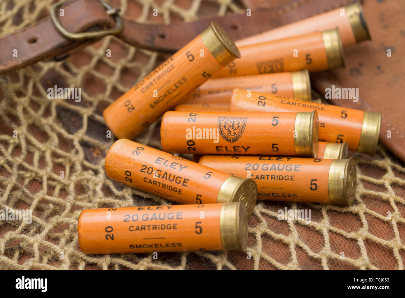 A number of old Eley paper cased 20 gauge, or bore, shotgun cartridges ...