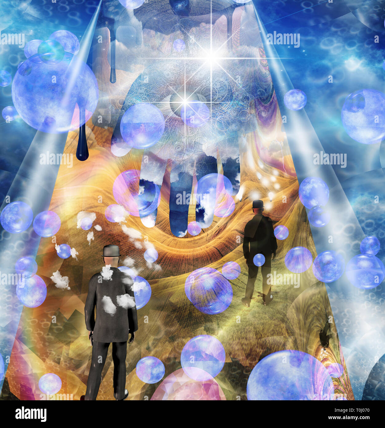 Surreal composition. Men in fantasy landscape Stock Photo - Alamy